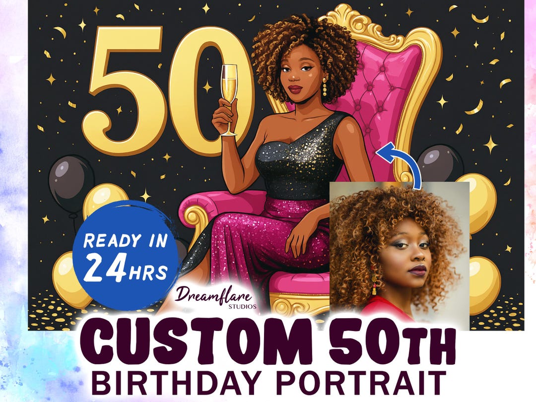 Custom 50th Birthday Portrait Drawing, Golden Birthday Portrait Gift ...