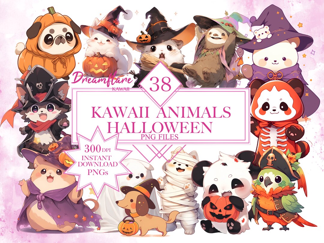 Kawaii Halloween Animals Clipart Bundle, Kawaii Halloween PNG, Creepy ...