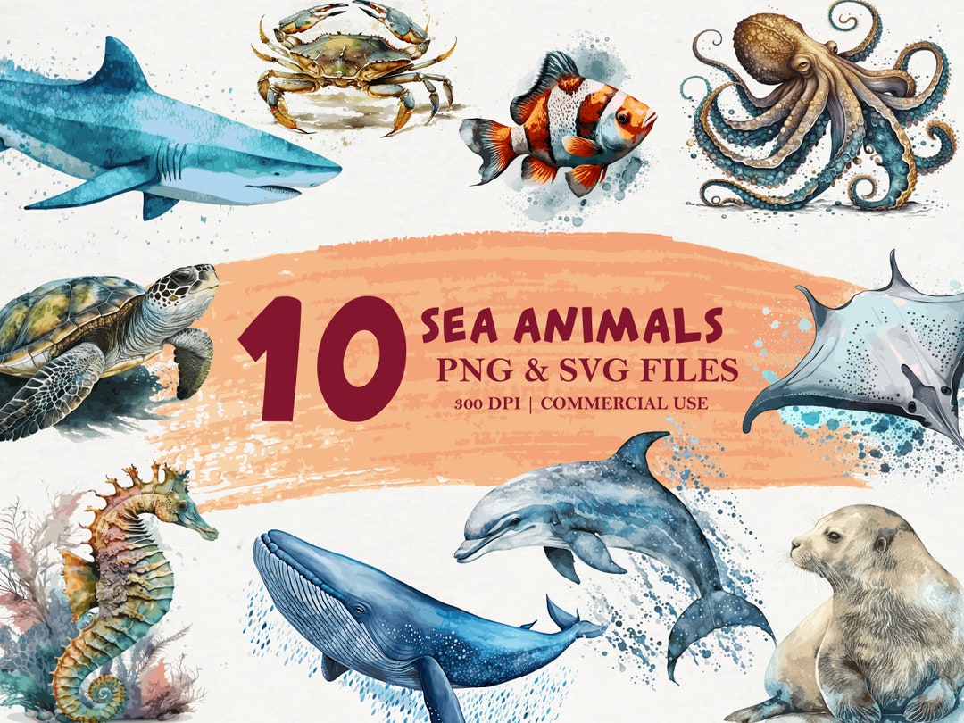 Watercolor Sea Animals Clipart Bundle, PNG & SVG, Watercolor ...