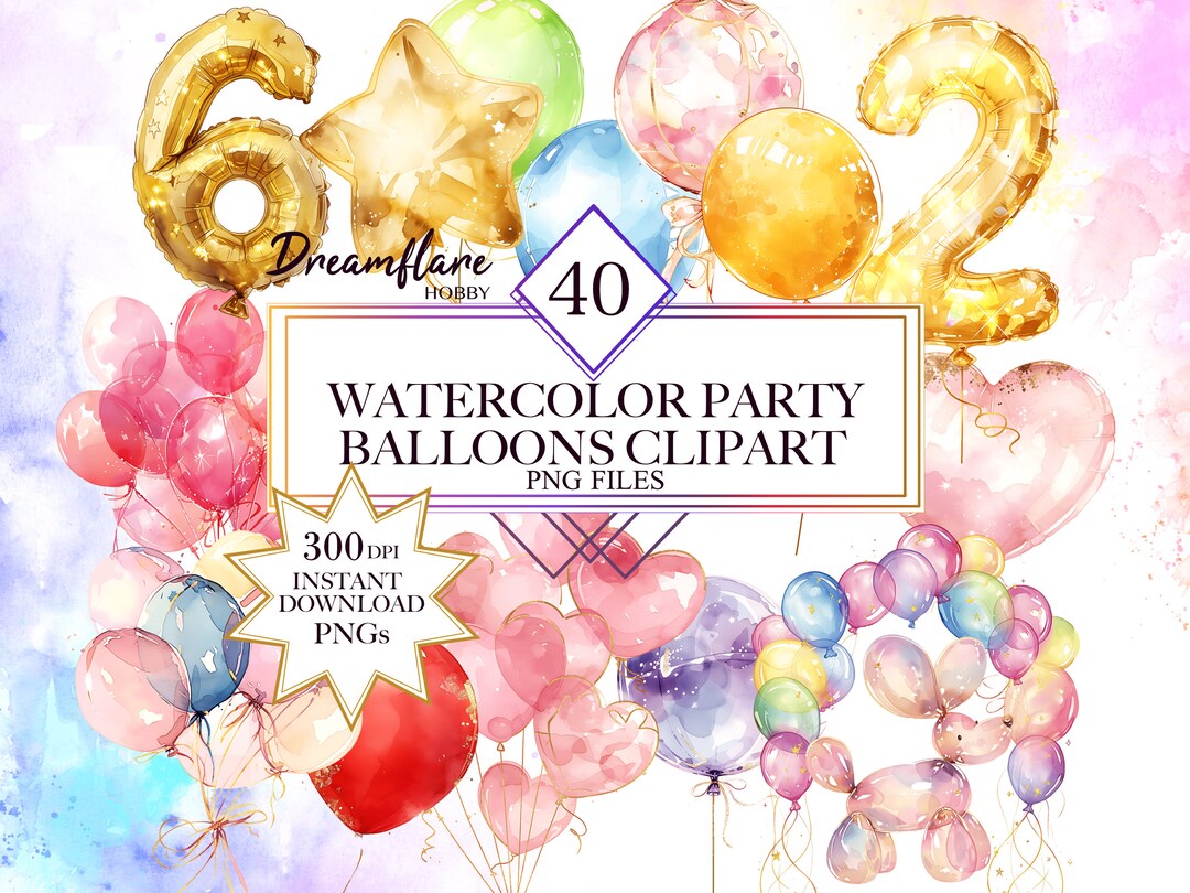 Watercolor Party Balloons Clipart Bundle, Birthday Watercolor Clipart ...