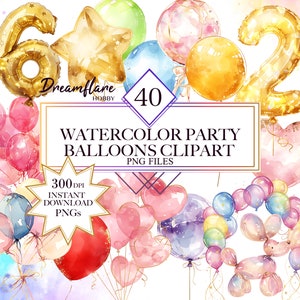 Watercolor Party Balloons Clipart Bundle, Birthday Watercolor Clipart ...