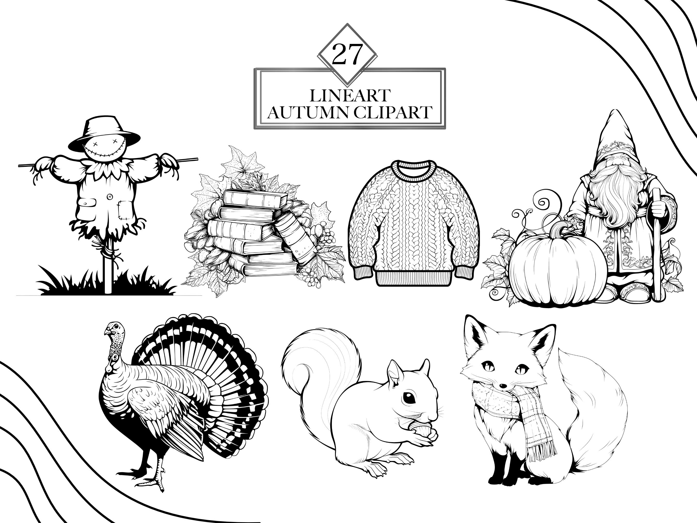 Line Art Autumn PNG and SVG Bundle, Autumn SVG, Digital Stamp, Coloring ...