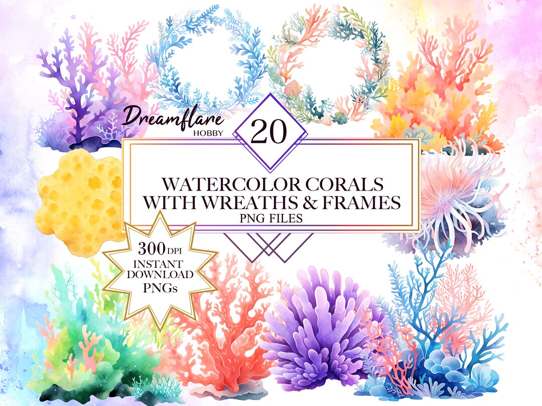 Watercolor Corals Clipart Bundle, Undersea Clipart, Wreaths & Frames ...