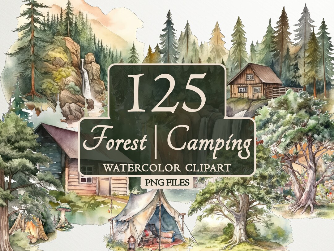 Watercolor Forest Clipart, Woodland, Hiking, Camping, Nature, Tree ...