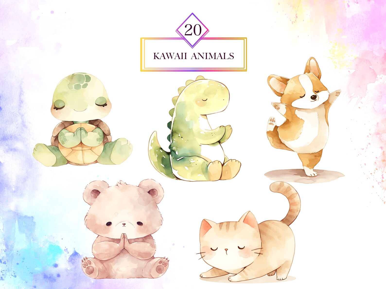 Watercolor Cute Animals Yoga Clipart Bundle, Meditation Clip Art, Self ...