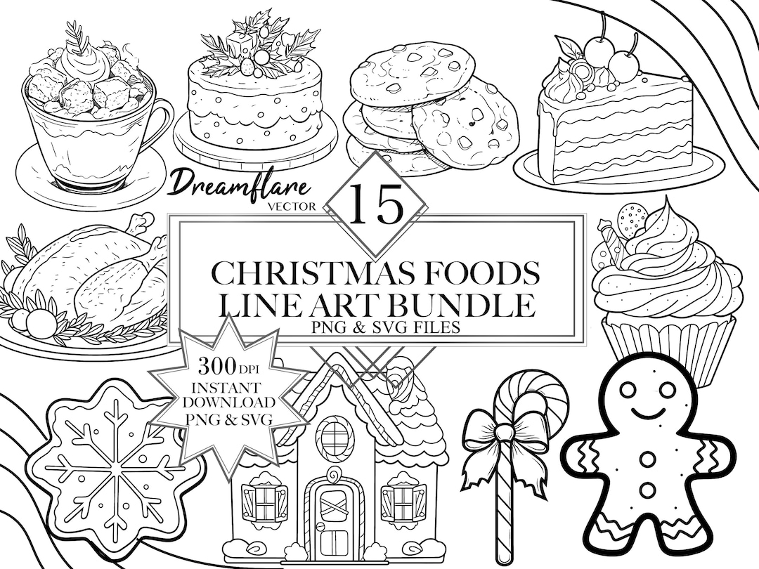 Christmas Foods Line Art PNG & SVG Bundle, Christmas Digital Stamp ...