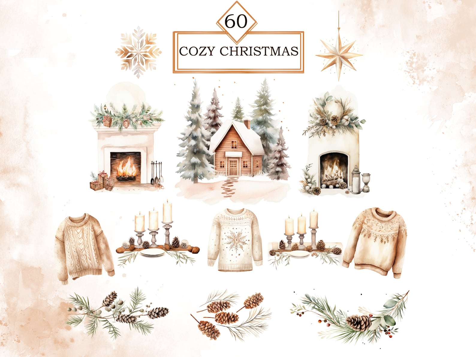 Cozy Christmas Watercolor Boho Clipart, Cozy Boho PNG, Christmas ...
