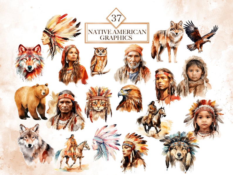 Watercolor Native American Clipart Bundle, Indigenous People Clipart ...