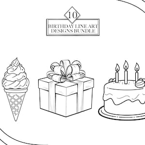 Birthday Line Art Graphics PNG & SVG Bundle, Birthday Digi Stamp ...