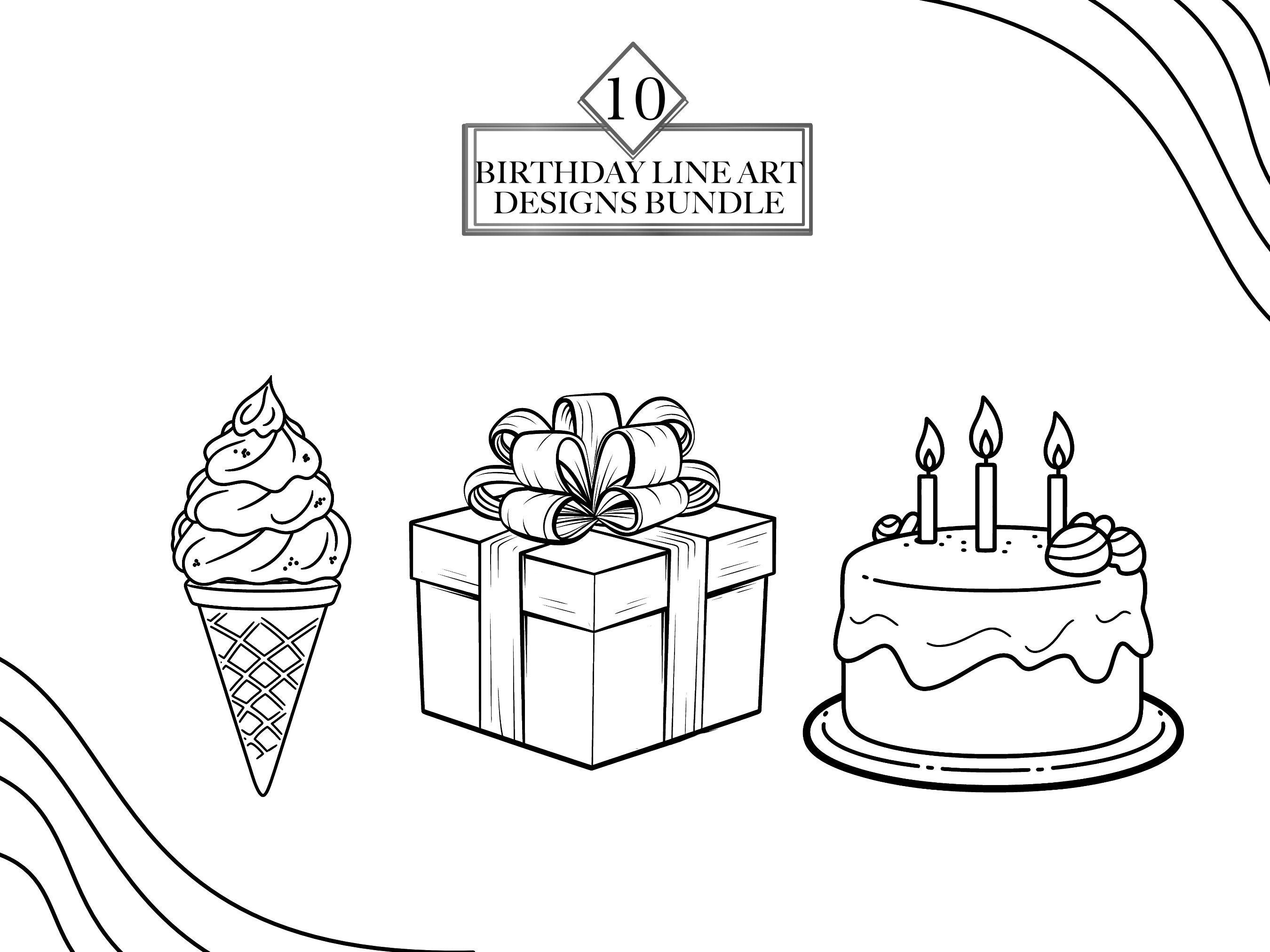 Birthday Line Art Graphics PNG & SVG Bundle, Birthday Digi Stamp ...