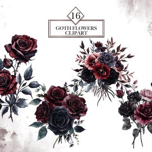 Watercolor Gothic Flowers PNG Clipart Bundle, Gothic Halloween PNG ...