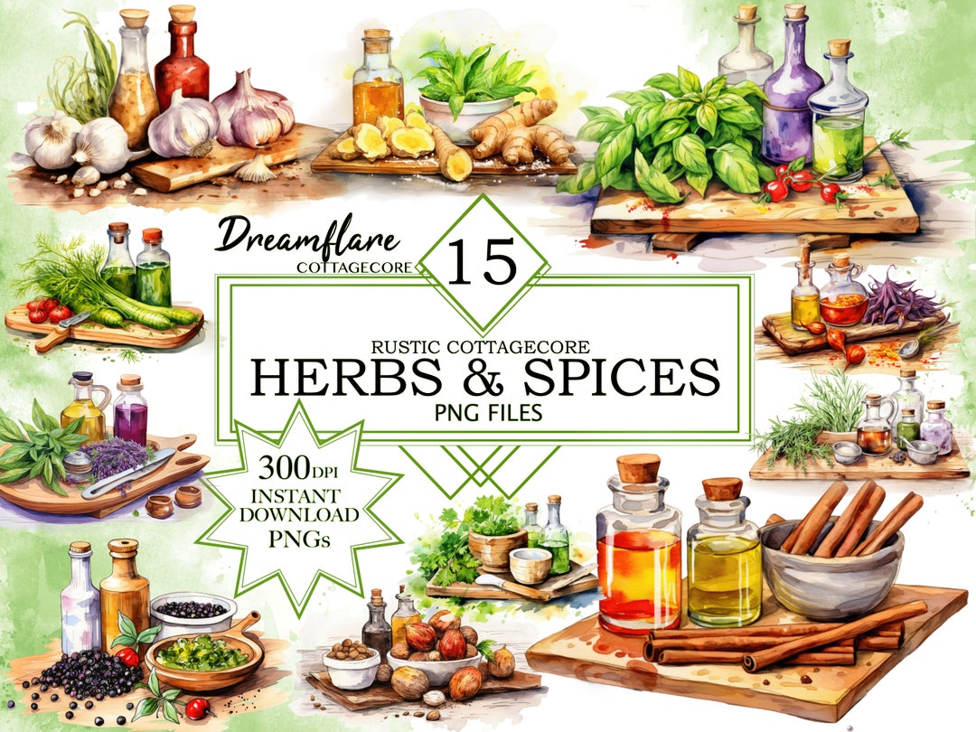 Watercolor Herbs and Spices Cottagecore Clipart, Food Kitchen Cooking ...