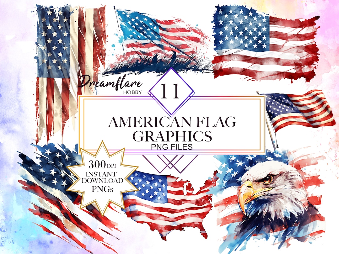 Watercolor American Flag PNG Bundle, 4th of July Clipart, Independence ...