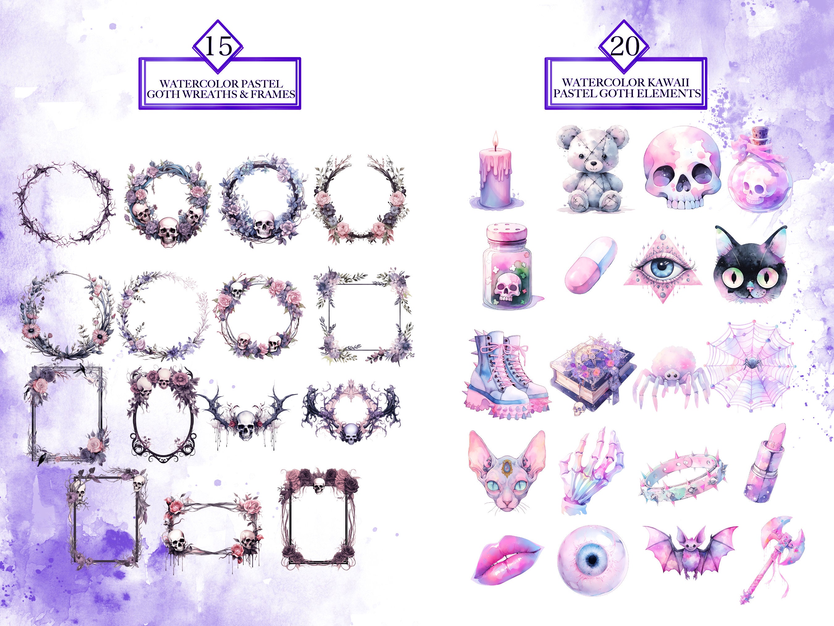 Watercolor Pastel Goth Clipart Mega Bundle, Kawaii Pastel Goth Clipart ...