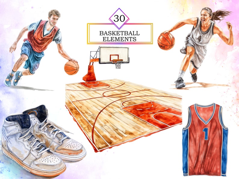 30 Watercolor Sports Basketball Elements Clipart PNG Bundle, Basketball ...
