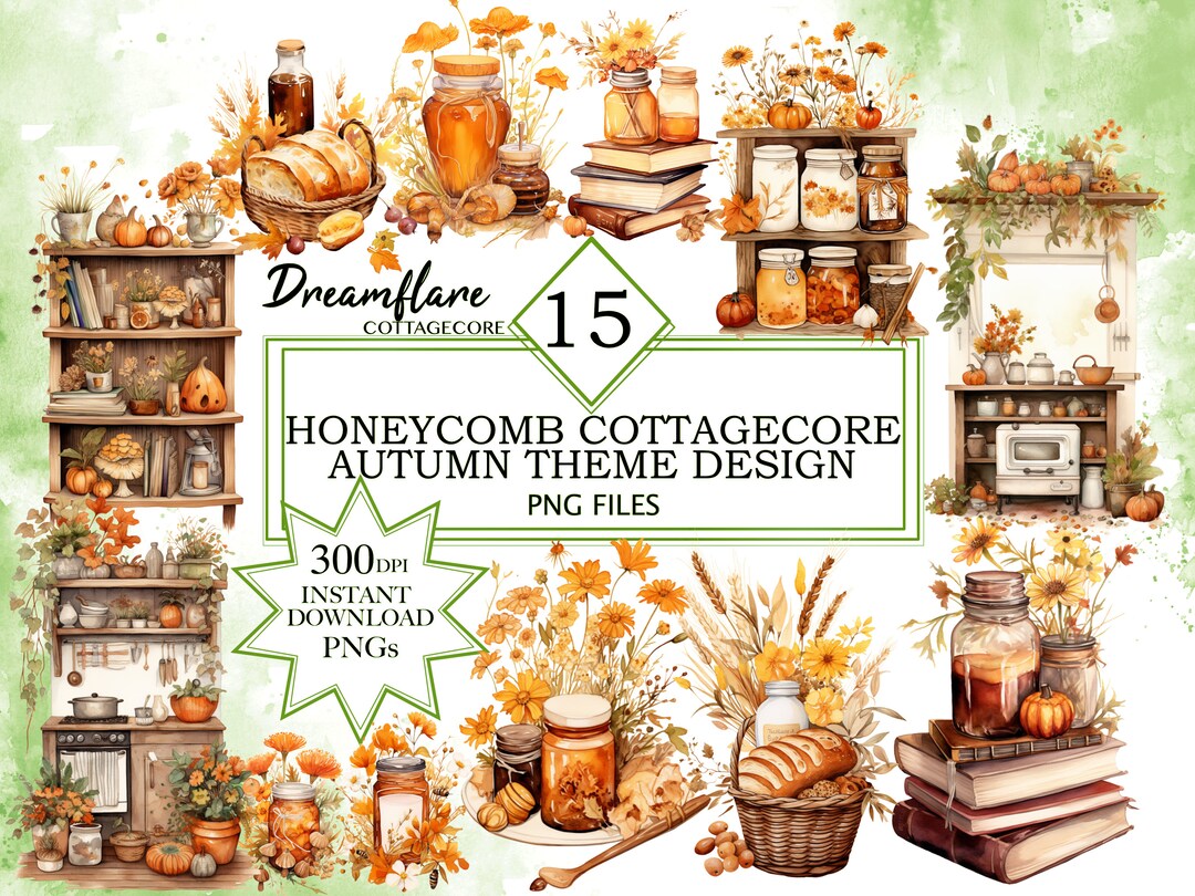 Watercolor Cottagecore Honeycomb Autumn Design, Rustic Cozy Fall PNG ...