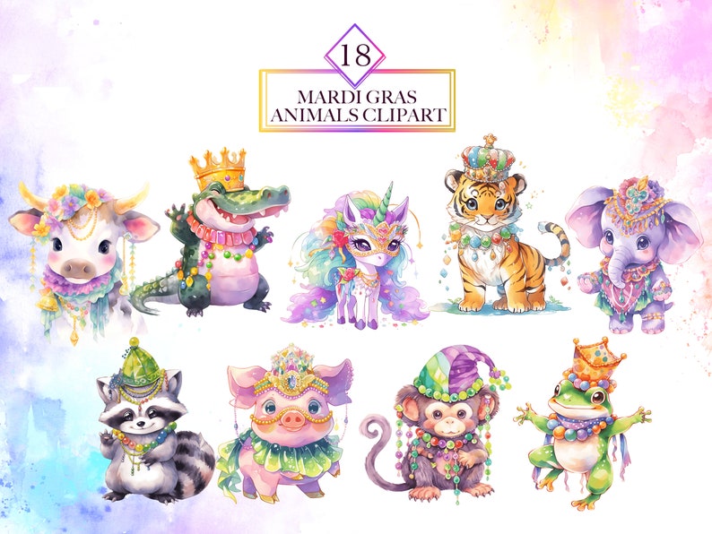 Watercolor Mardi Gras Animals PNG Bundle, Mardi Gras Clipart Bundle ...