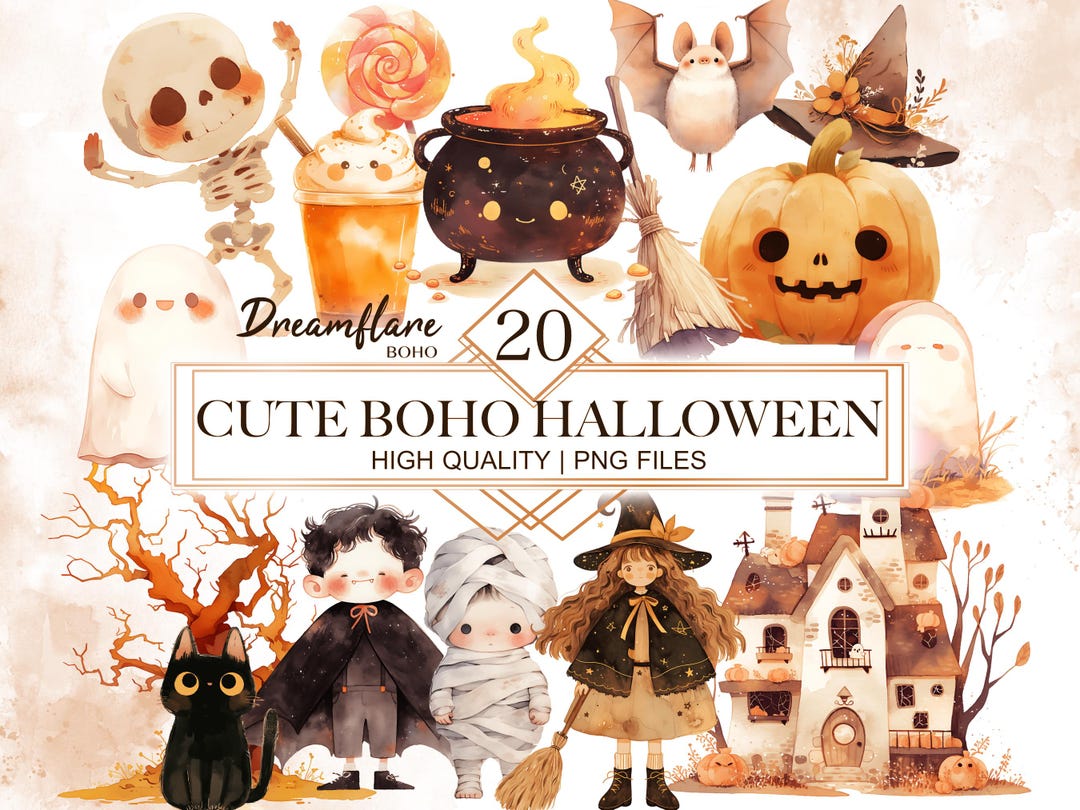 Watercolor Boho Halloween PNG Bundle, Spooky Cute Halloween Clipart ...