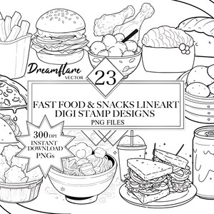 Fast Food and Snacks Lineart PNG Bundle, Doodle PNG, Cute Digi Stamp ...