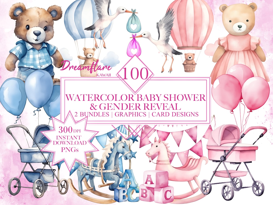 Watercolor Baby Shower Clipart Bundle, Gender Reveal Clipart Bundle ...