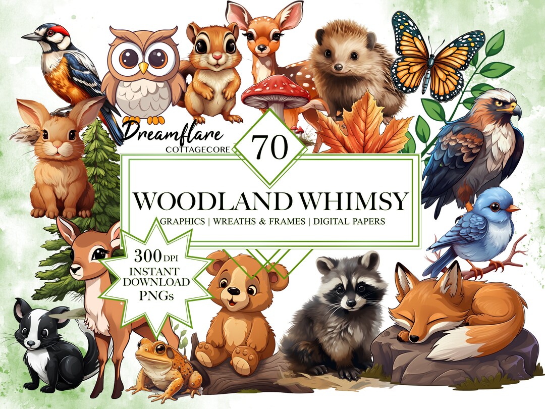 Cute Woodland Whimsy Clipart Bundle, Woodland Animals Clipart, Woodland ...
