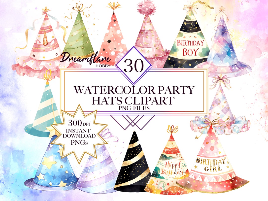 Watercolor Party Hats Clipart Bundle, Birthday Watercolor Clipart ...