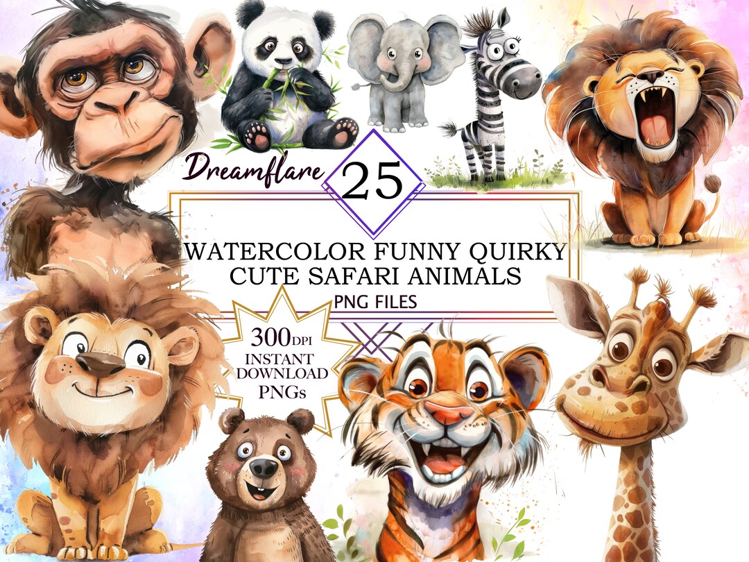 Watercolor Quirky Safari Animals Clipart, Safari Clip Art, Lion, Zebra ...