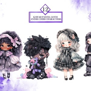 Watercolor Pastel Goth Chibi Clipart Bundle, Kawaii Pastel Goth Clipart ...