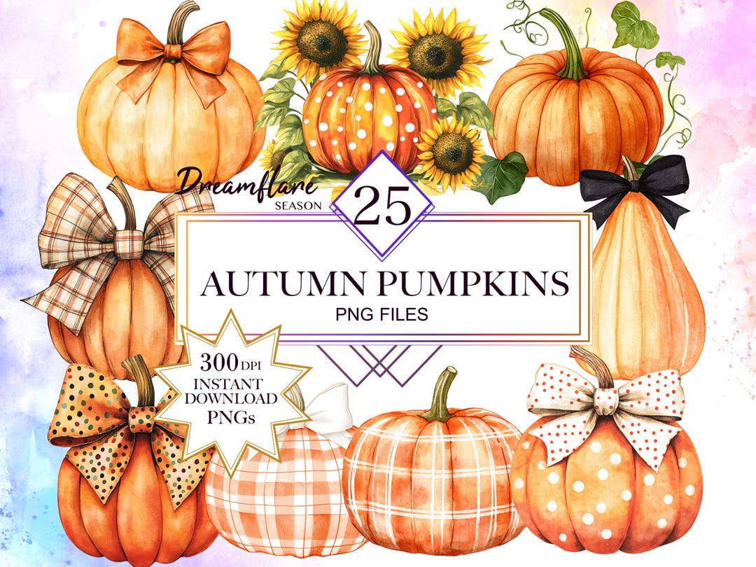 Watercolor Autumn Pumpkins Clipart Bundle, Coquette Pumpkin PNG, Plaid ...