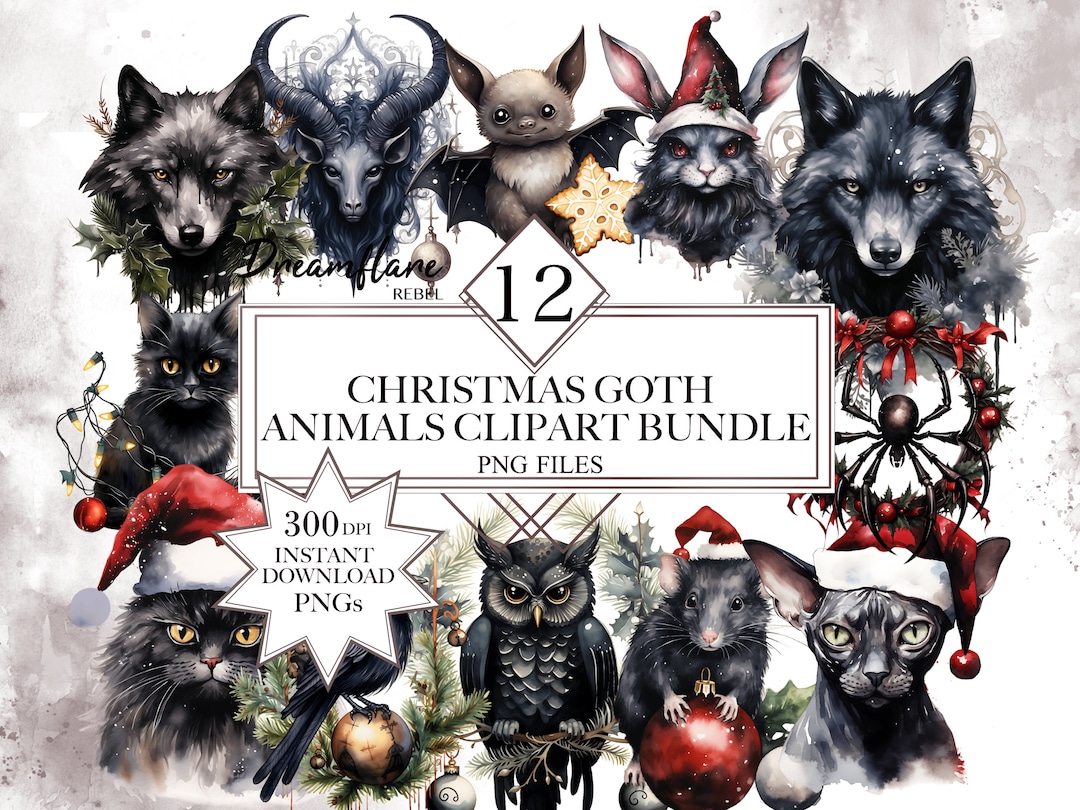Watercolor Goth Animals Christmas PNG Bundle, Goth Animals Clipart ...
