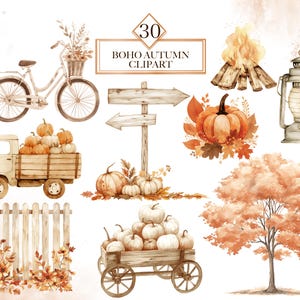 Watercolor Boho Autumn Clipart Bundle, Boho Fall PNG, Autumn PNG, Cozy ...