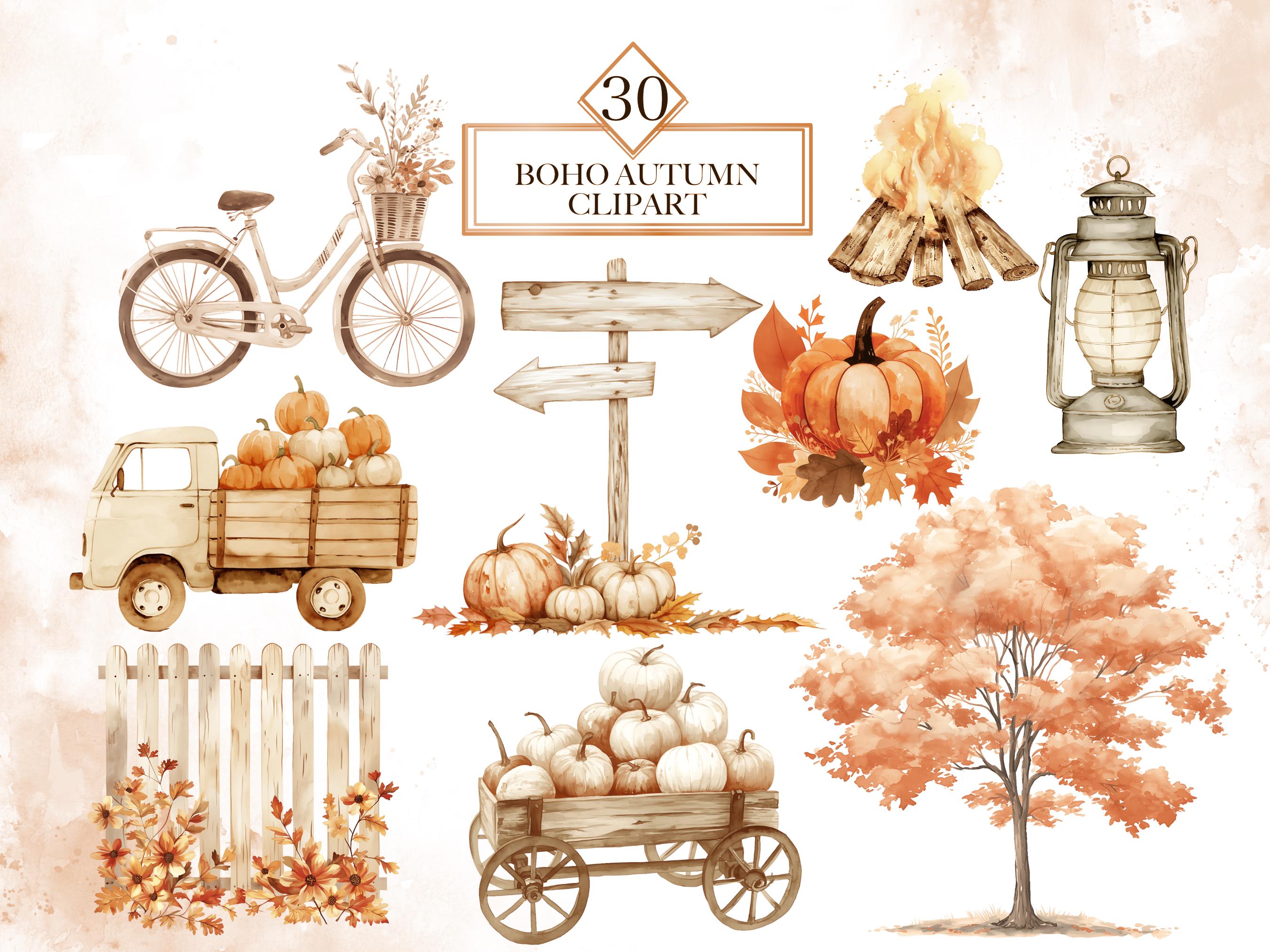 Watercolor Boho Autumn Clipart Bundle, Boho Fall PNG, Autumn PNG, Cozy ...