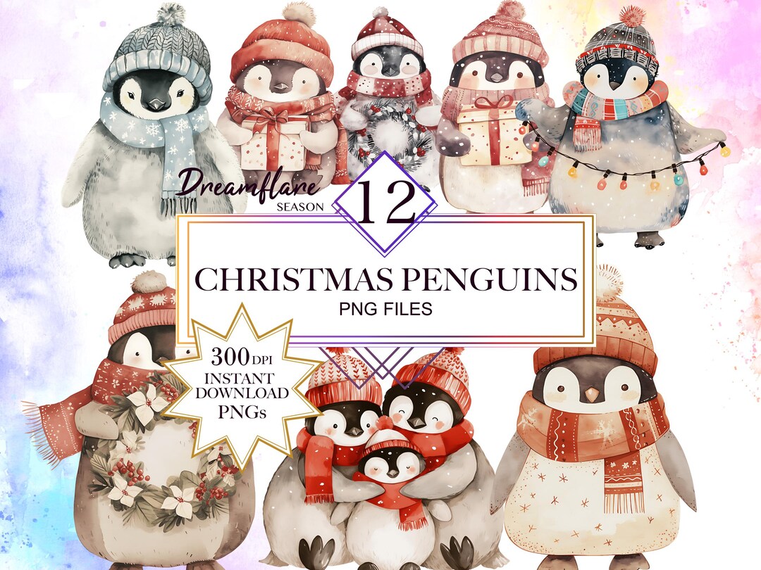 Watercolor Cute Penguins Clipart Bundle Winter Christmas Penguins in ...