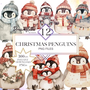 Watercolor Cute Penguins Clipart Bundle Winter Christmas Penguins in ...