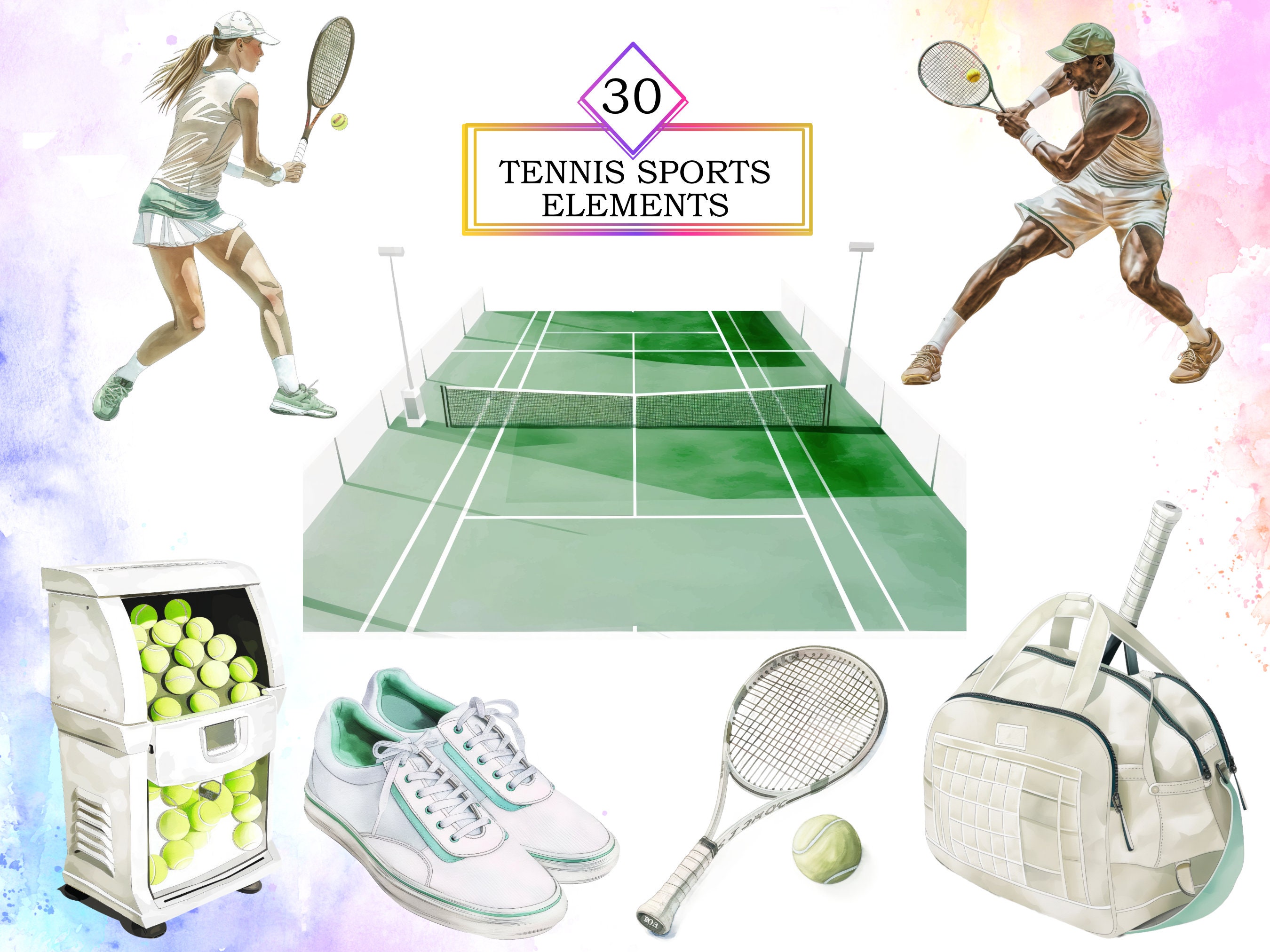 Watercolor Sports Tennis Elements Clipart PNG Bundle, PNG Tennis Sport ...