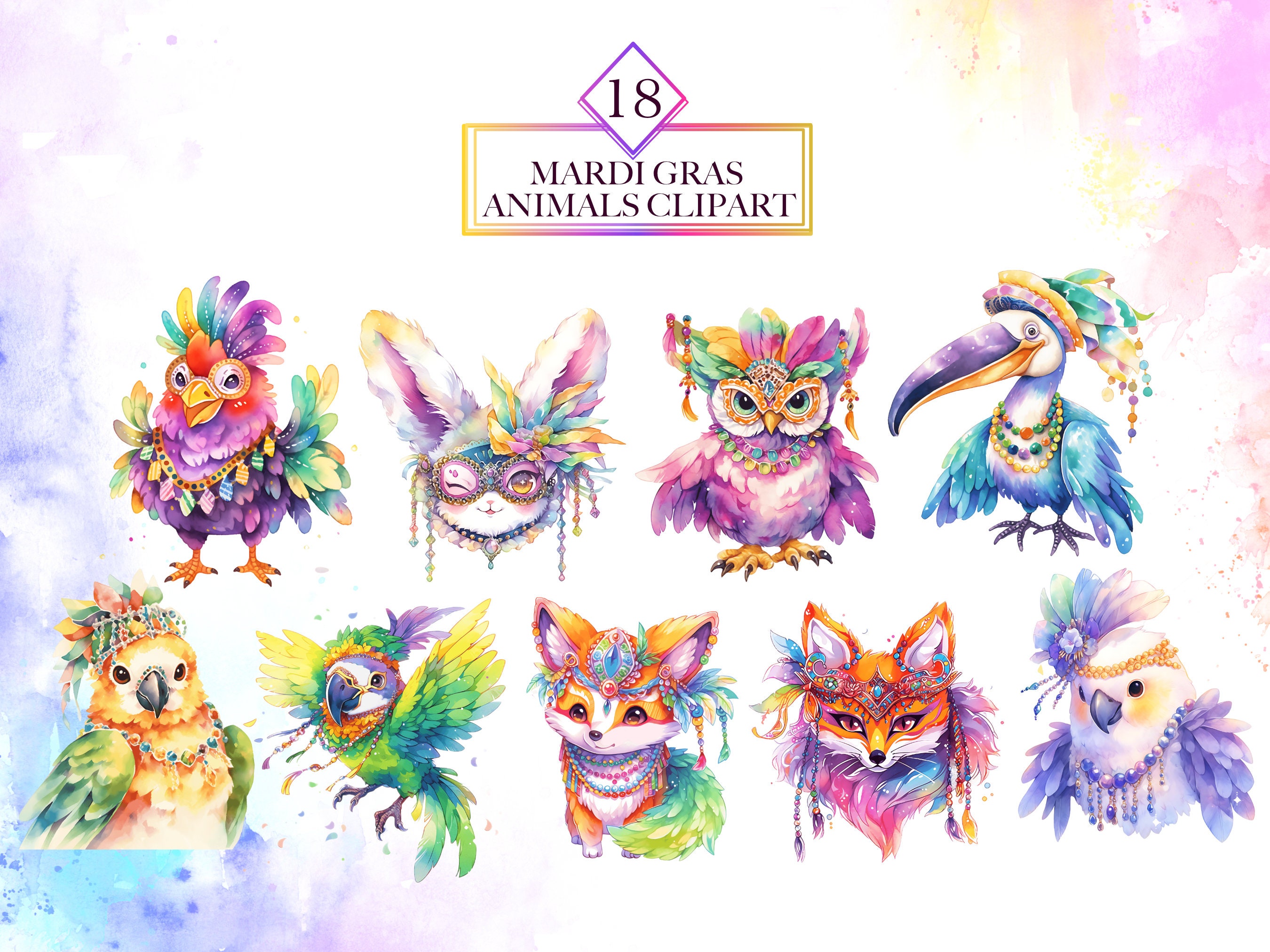 Watercolor Mardi Gras Animals PNG Bundle, Mardi Gras Clipart Bundle ...