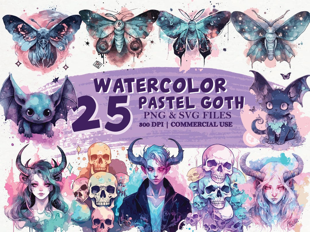 Watercolor Pastel Goth Bundle, Creepy Cute PNG SVG, Kawaii Anime SVG ...
