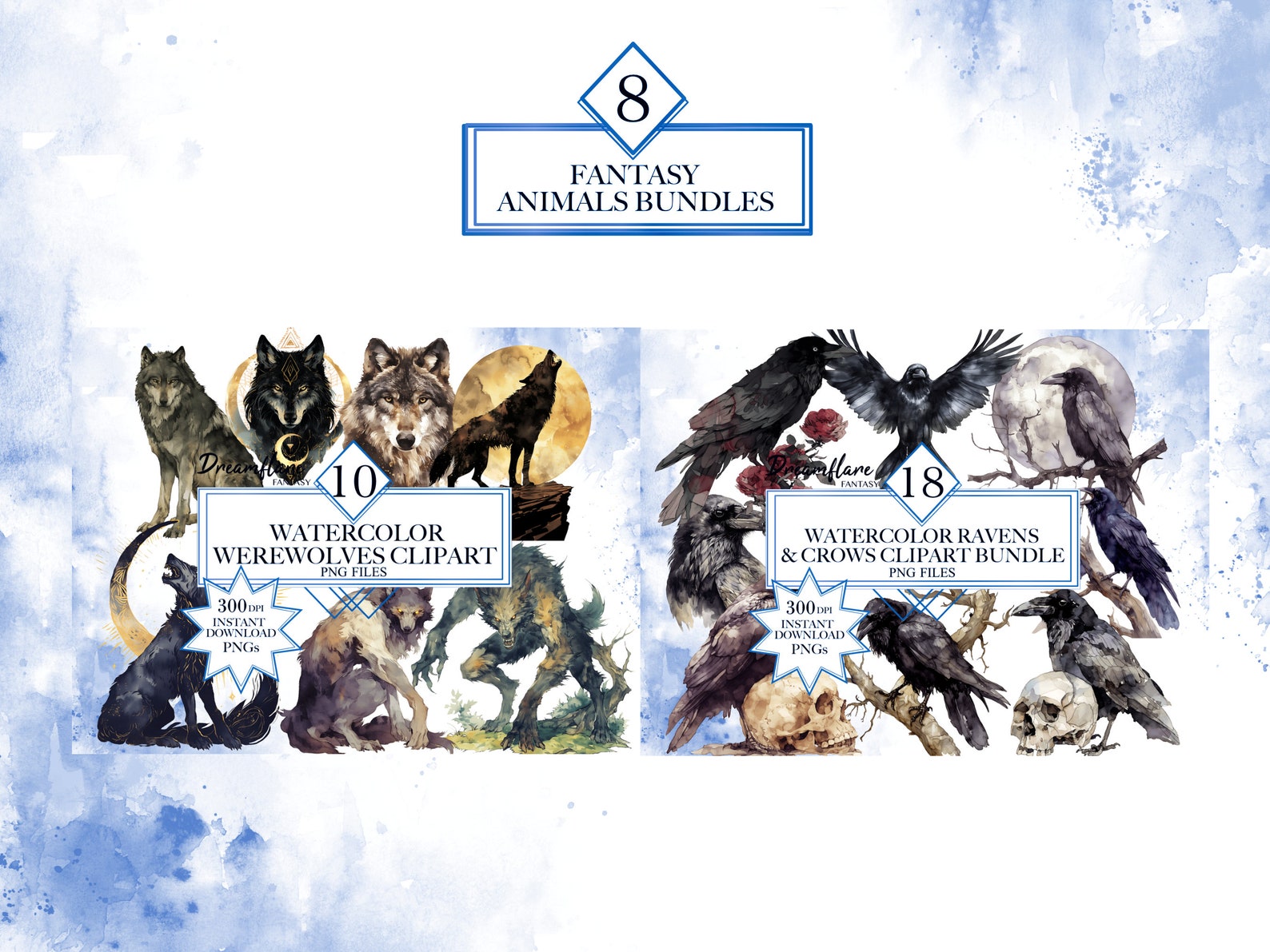 Watercolor Fantasy Animals Clipart Bundle, Witch Cat, Wolf PNG, Fantasy ...