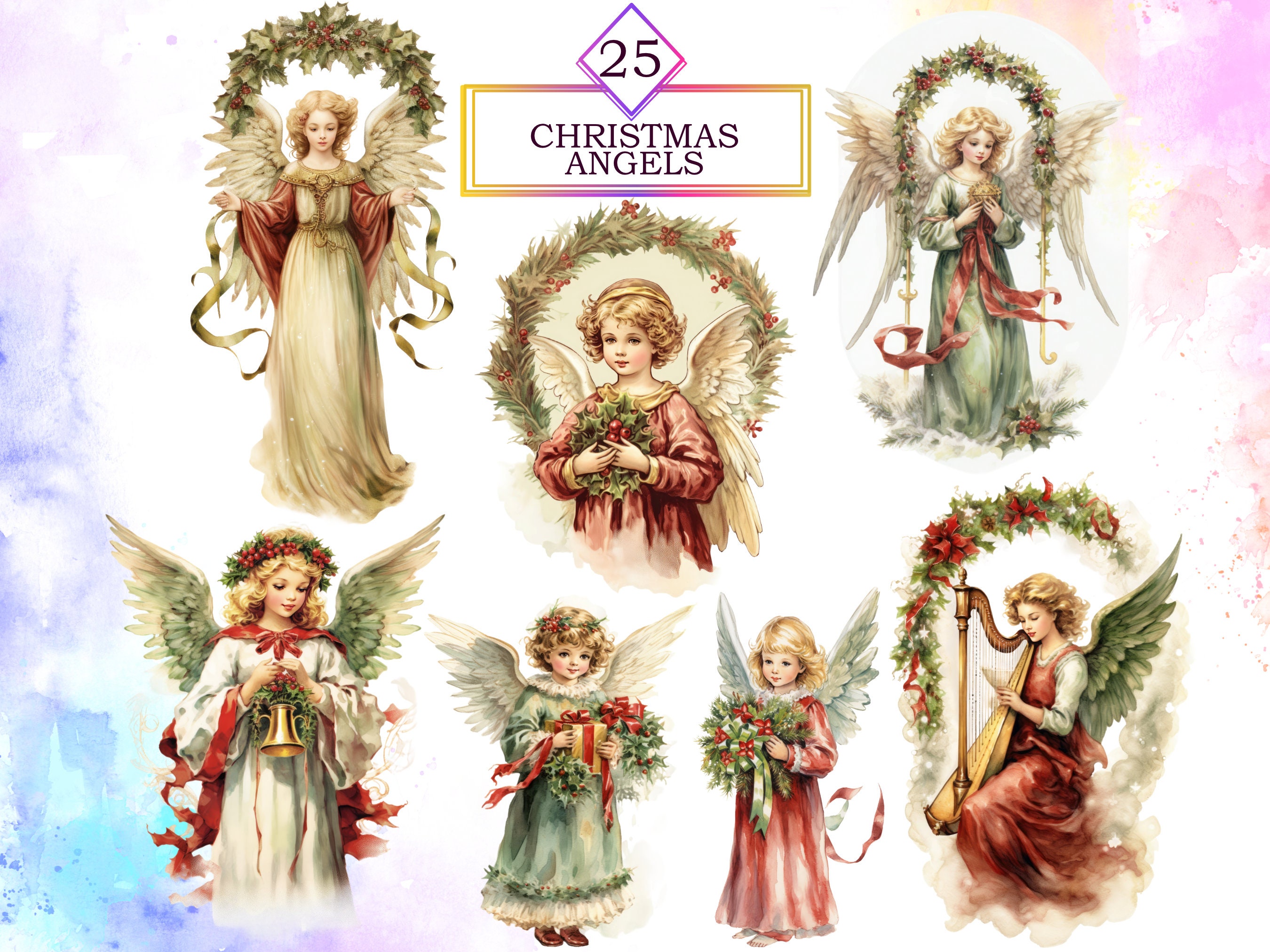 Christmas Angels Watercolor Clipart PNG, Vintage Christmas Angel ...