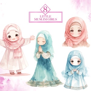 Watercolor Cute Muslim Kids Clipart Bundle, Islam PNG, Kawaii Clipart ...