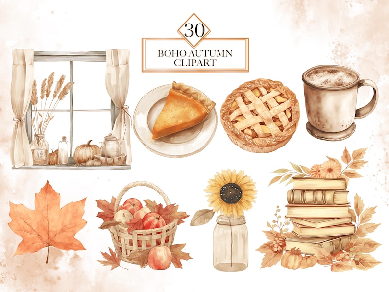 Watercolor Boho Autumn Clipart Bundle, Boho Fall PNG, Autumn PNG, Cozy ...