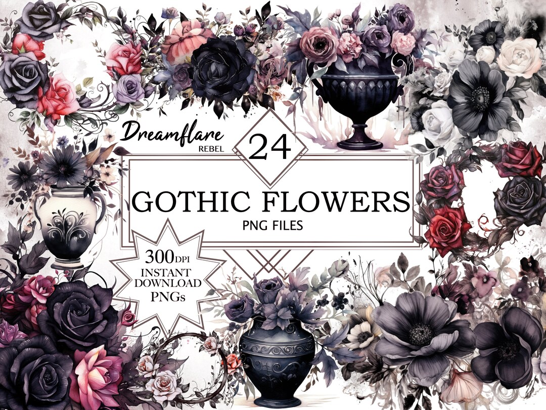 Gothic Flowers Watercolor Clipart PNG, Floral Gothic Clipart, Gothic ...