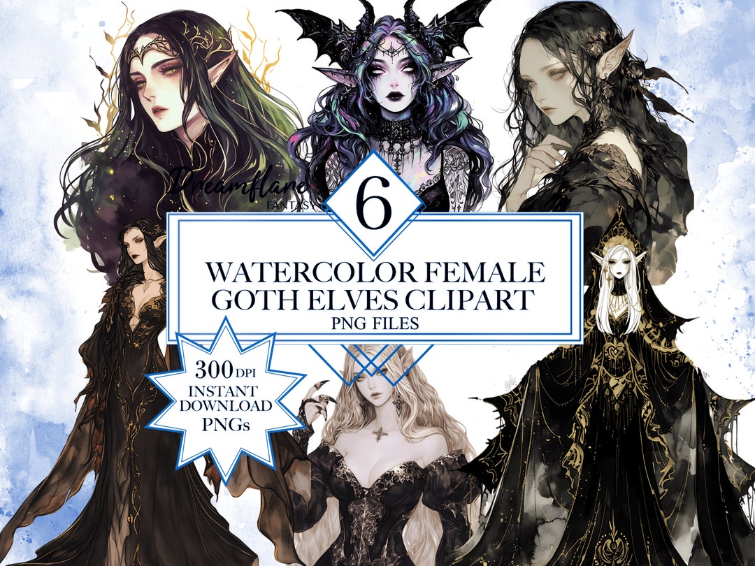 Watercolor Dark Female Elves Clipart Bundle, Black Elf PNG, Villain PNG ...