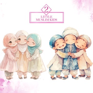 Watercolor Cute Muslim Kids Clipart Bundle, Islam PNG, Kawaii Clipart ...