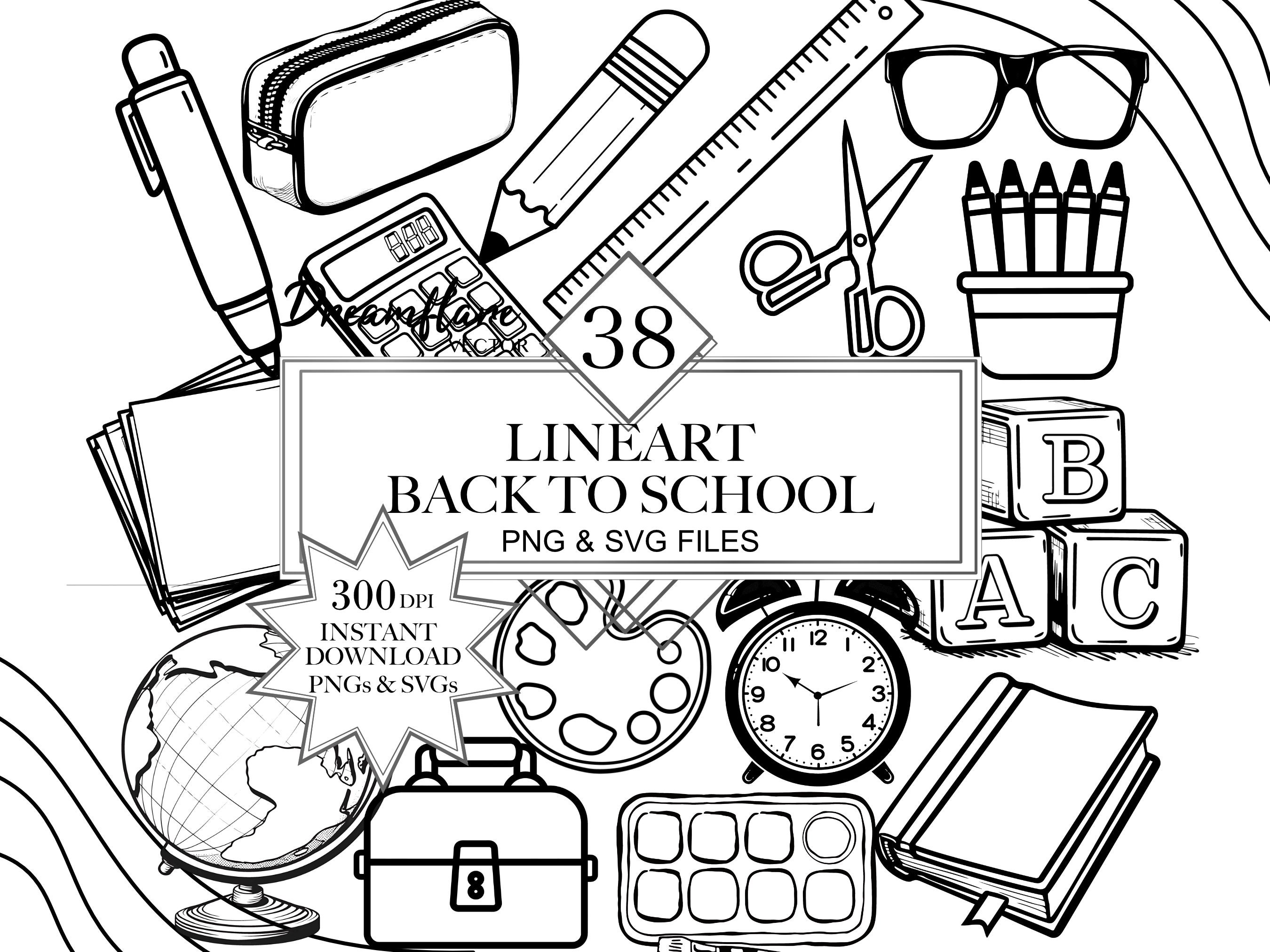 Lineart Back to School PNG SVG Clipart, Digital Stamp, Back to School ...