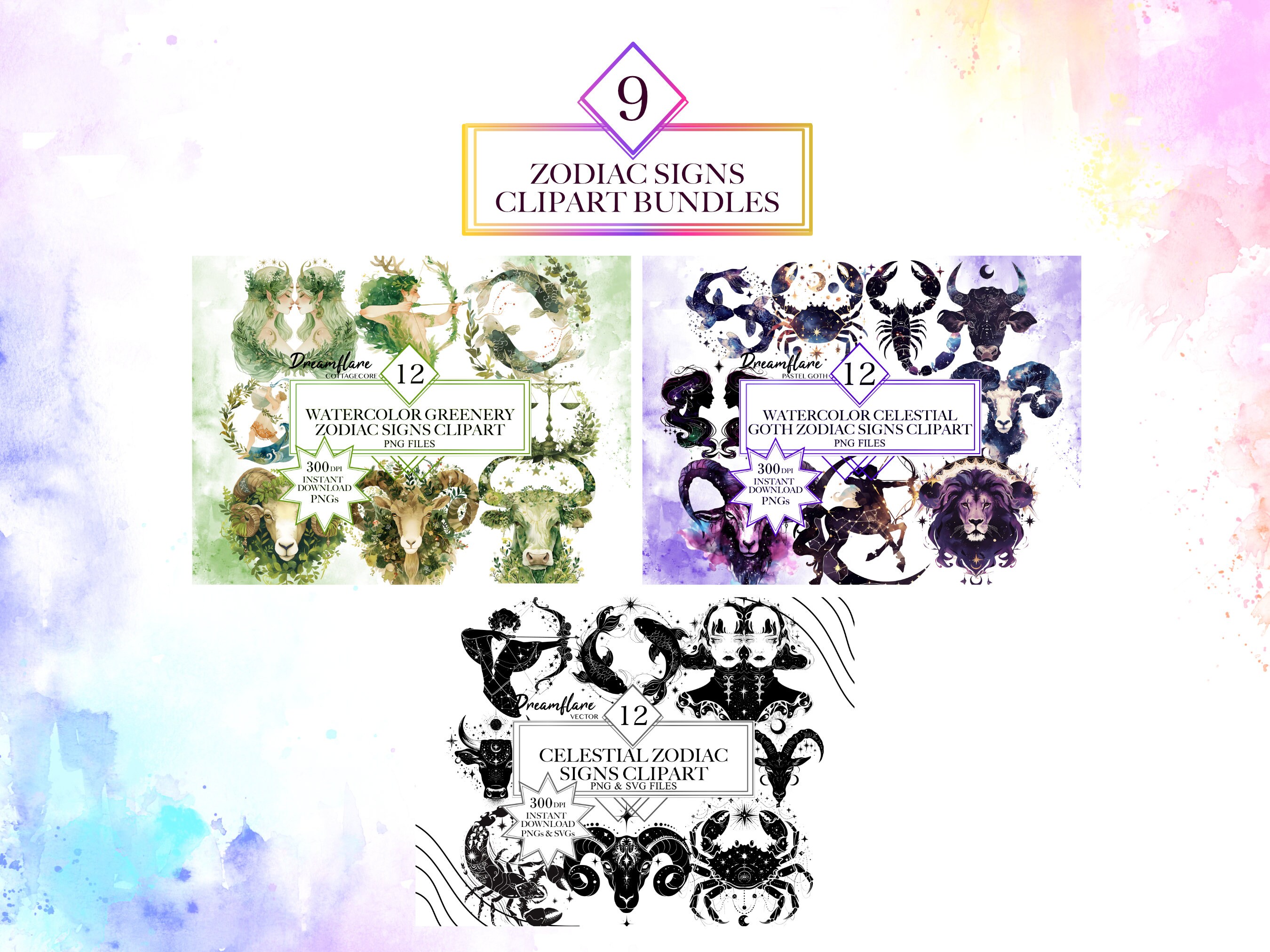 Zodiac Signs Clipart Mega Bundle, Horoscope Clipart, Floral Celestial ...