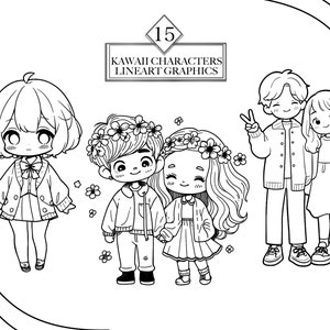 Kawaii Characters Lineart PNG Bundle, Cute Chibi Clipart Bundle ...