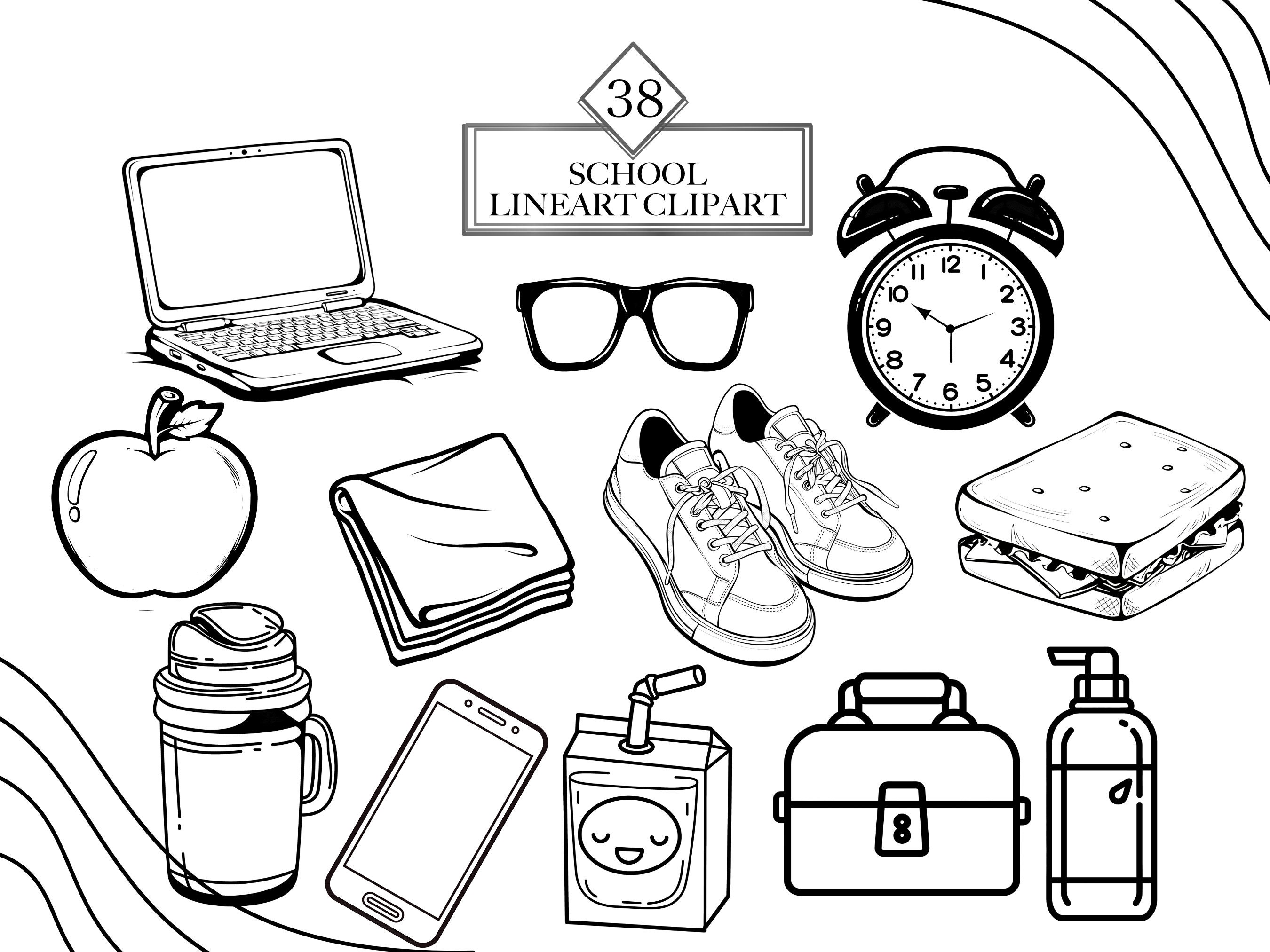 Lineart Back to School PNG SVG Clipart, Digital Stamp, Back to School ...