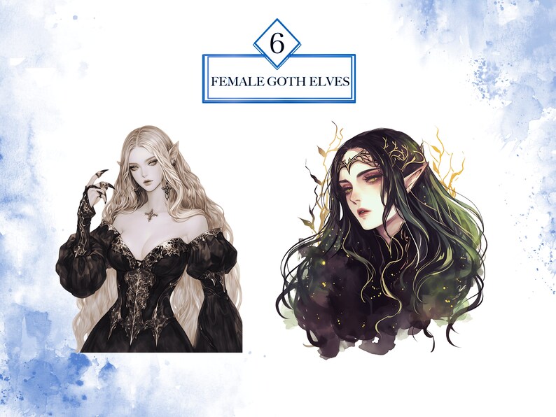 Watercolor Dark Female Elves Clipart Bundle, Black Elf PNG, Villain PNG ...