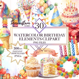 Watercolor Birthday Clipart Bundle, Birthday Party Clipart, Watercolor ...